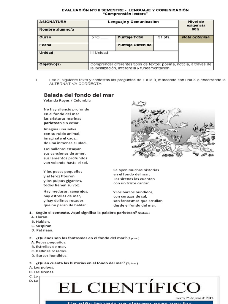 Evaluación N°3 II Semestre Comprensión Lectora Habilidades | PDF