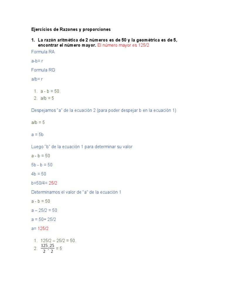 Ejercicios de Razones y Proporciones | PDF