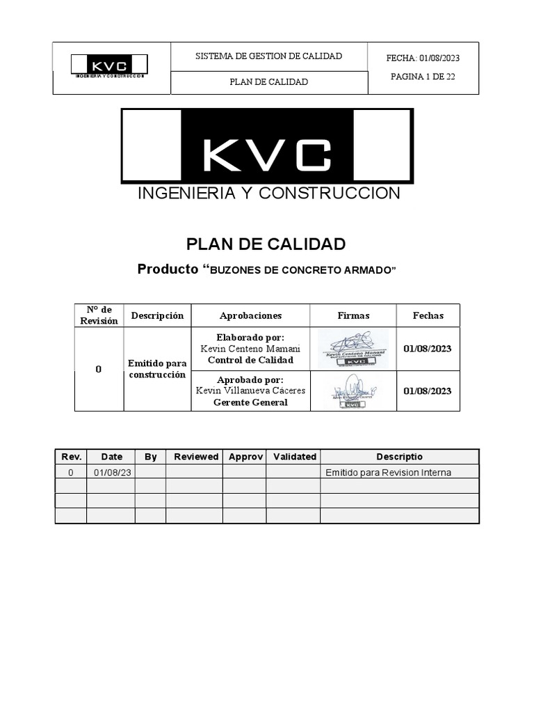 Plan de Calidad - Buzones de Concreto - KVC | PDF | Calidad (comercial) | Sistema de manejo de ...