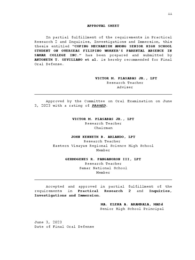 Approval Sheet | PDF | Psychological Resilience | Cognition