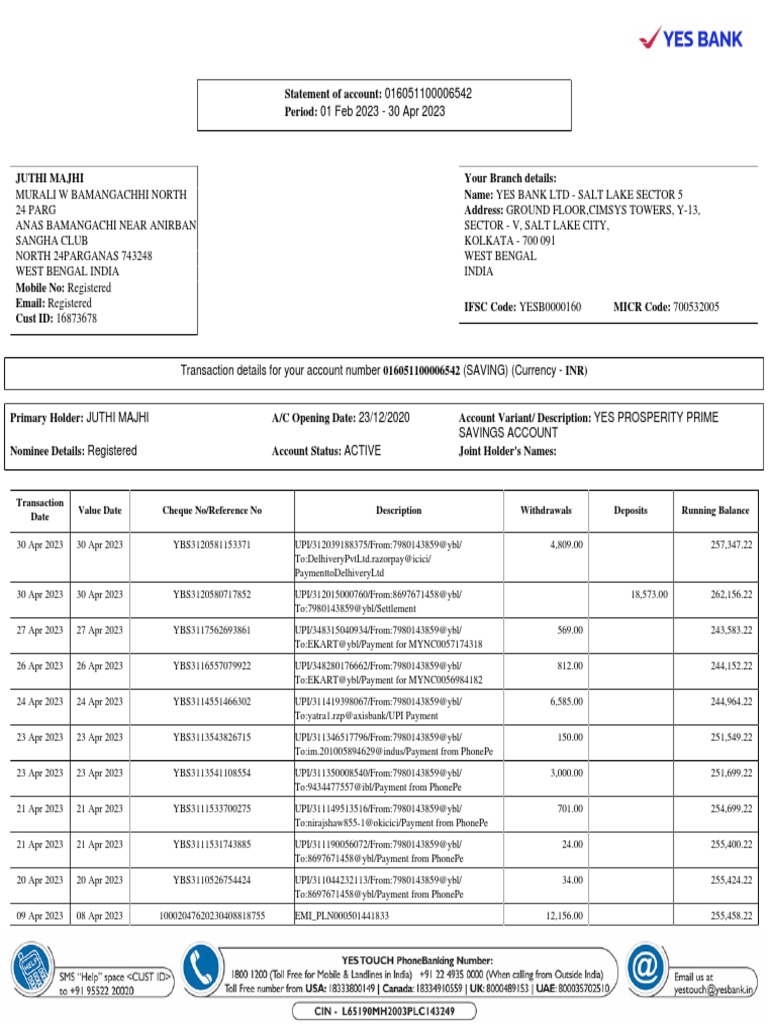 Yes Bank UPI Transaction Statement 2023 | PDF | Payments | Banks