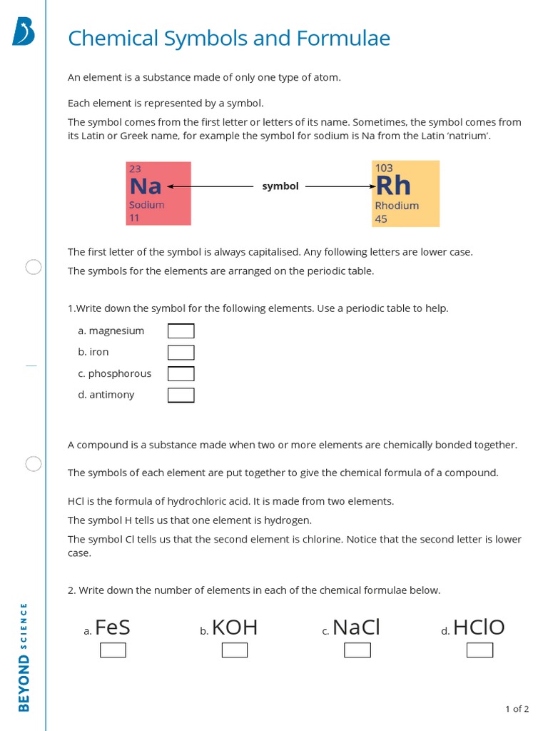 Chemical Symbols and Formulae Worksheet (Interactive) | PDF | Chemical Elements | Chemical Compounds
