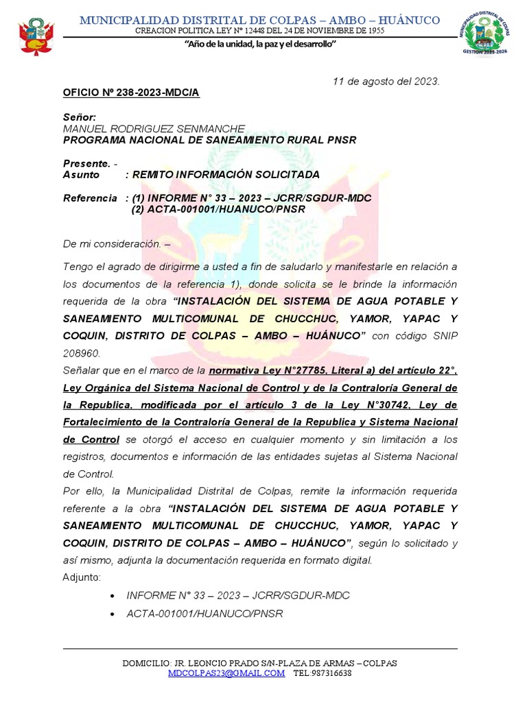 Información sobre Proyecto de Agua Potable en Colpas | PDF | Gobierno