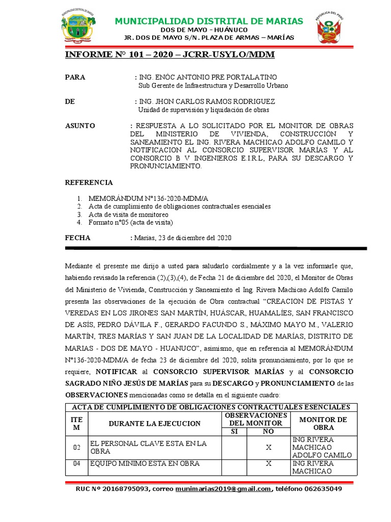INFORME N°101 Respuesta A Lo Solicitado MONITOR DE OBRA VIVIENDA 2 | PDF
