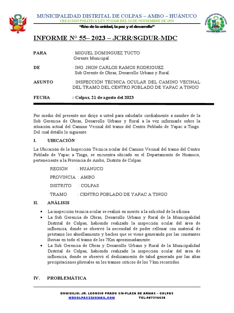 Informe #55 - 2023 - JCRR/SGDUR-MDC: Municipalidad Distrital de Colpas - Ambo - Huánuco | PDF