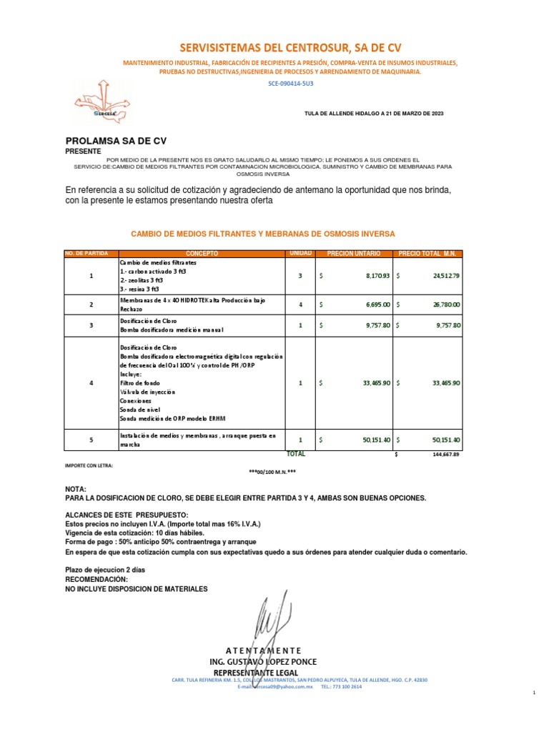Cotizacion Medios Filtrantes Prolamsa. 21032023 | PDF