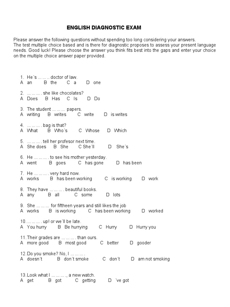 English Diagnostic Exam Questions | PDF