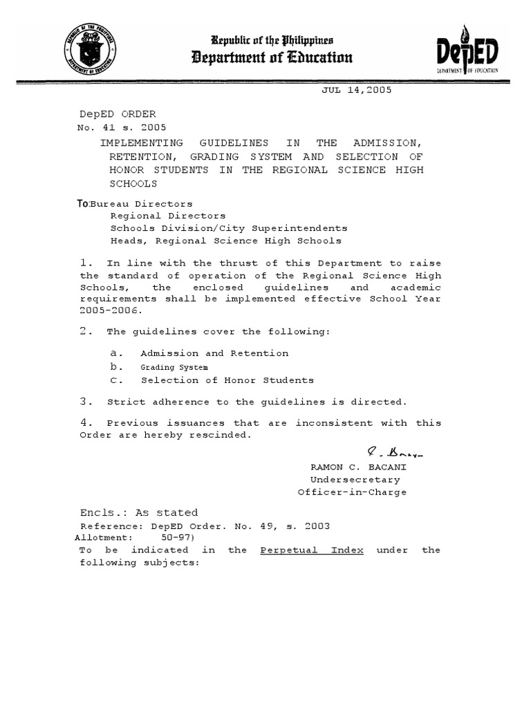 Deped Order Implementing Guidelines in The Admission, Retention ...