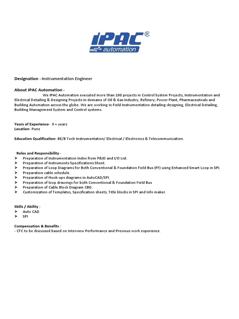 Instrumentation Engineer Job Overview | PDF