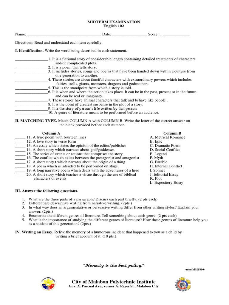 Midterm Exam-ENG 102 | PDF | Narrative | Poetry