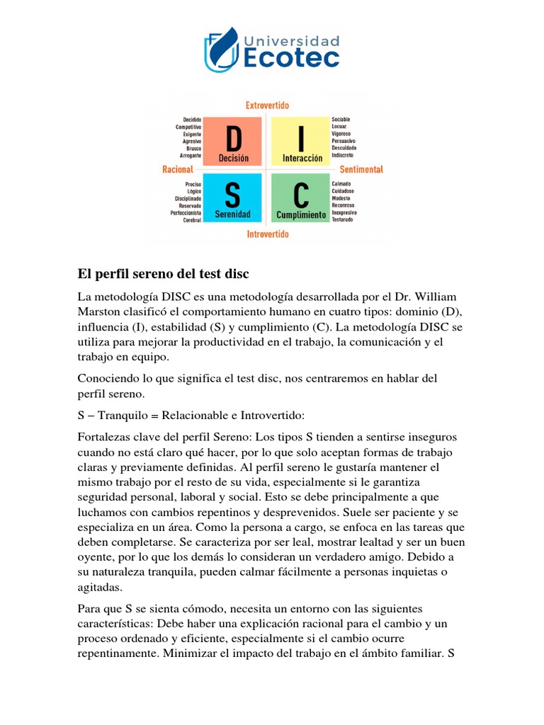 El Perfil Sereno Del Test Disc Anthony Estrella | PDF | Evaluación ...