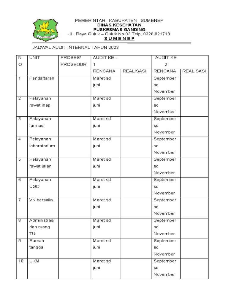 Jadwal Audit Internal 2023 | PDF