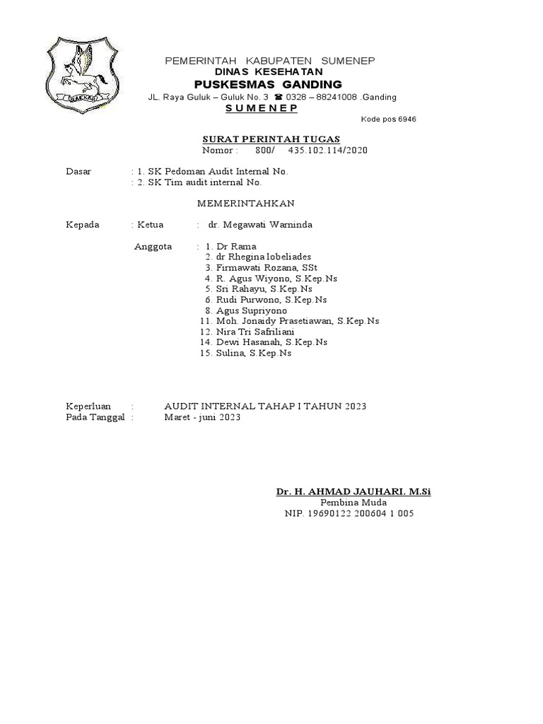 Surat Perintah Tugas Audit Internal 2020 I | PDF Surat Perintah Tugas Audit Internal 2020 I | PDF