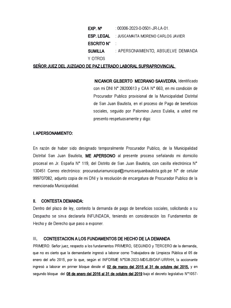 EXP 0306-2023-ABSUELVO DEMANDA PAGO DE BENEFICIOS SOCIALES-No Se Presentó | PDF | Demanda ...