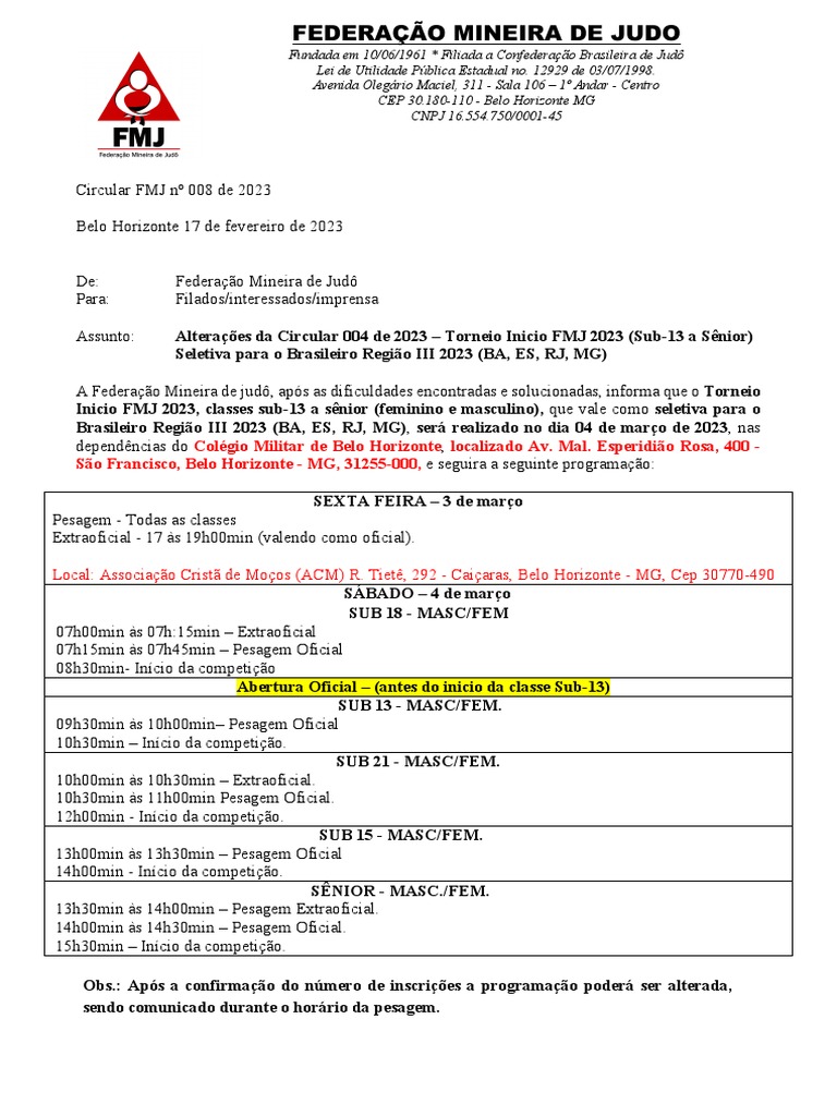 Circular FMJ Nº 008 de 2023 Alterações Da Circular 004 de 2023 Torneio ...