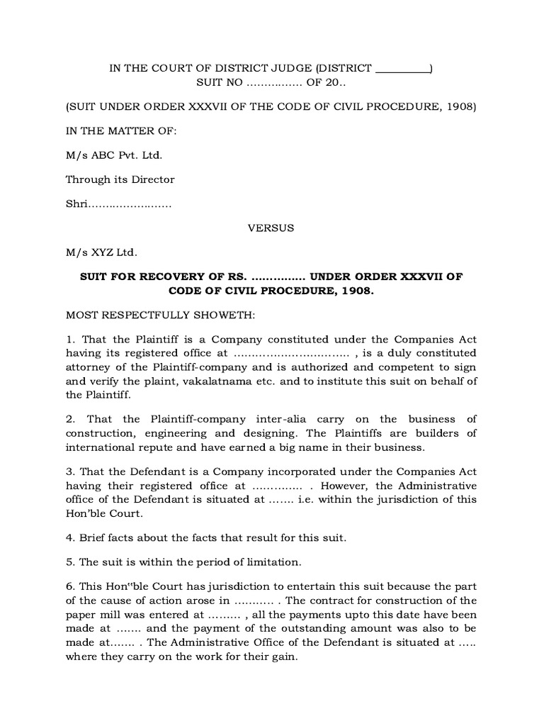 Money Recovery Suit Under CPC Order XXXVII | PDF | Lawsuit | Separation ...