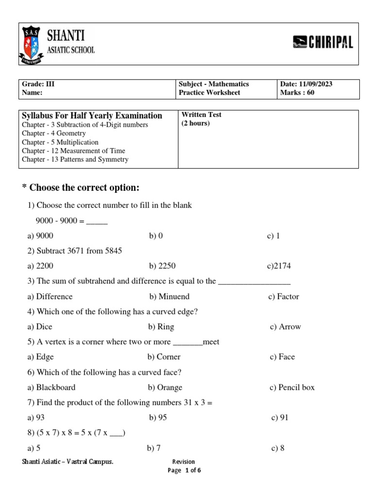 Grade 3 Maths Practice Worksheet | PDF