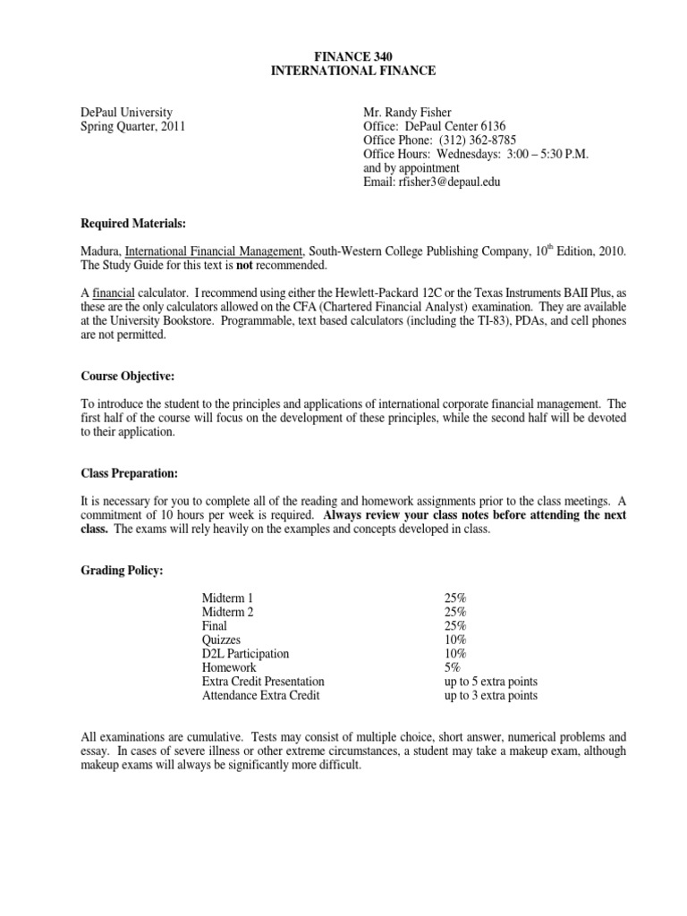 FIN 340 601 International Finance Professor Randy Fisher | PDF ...