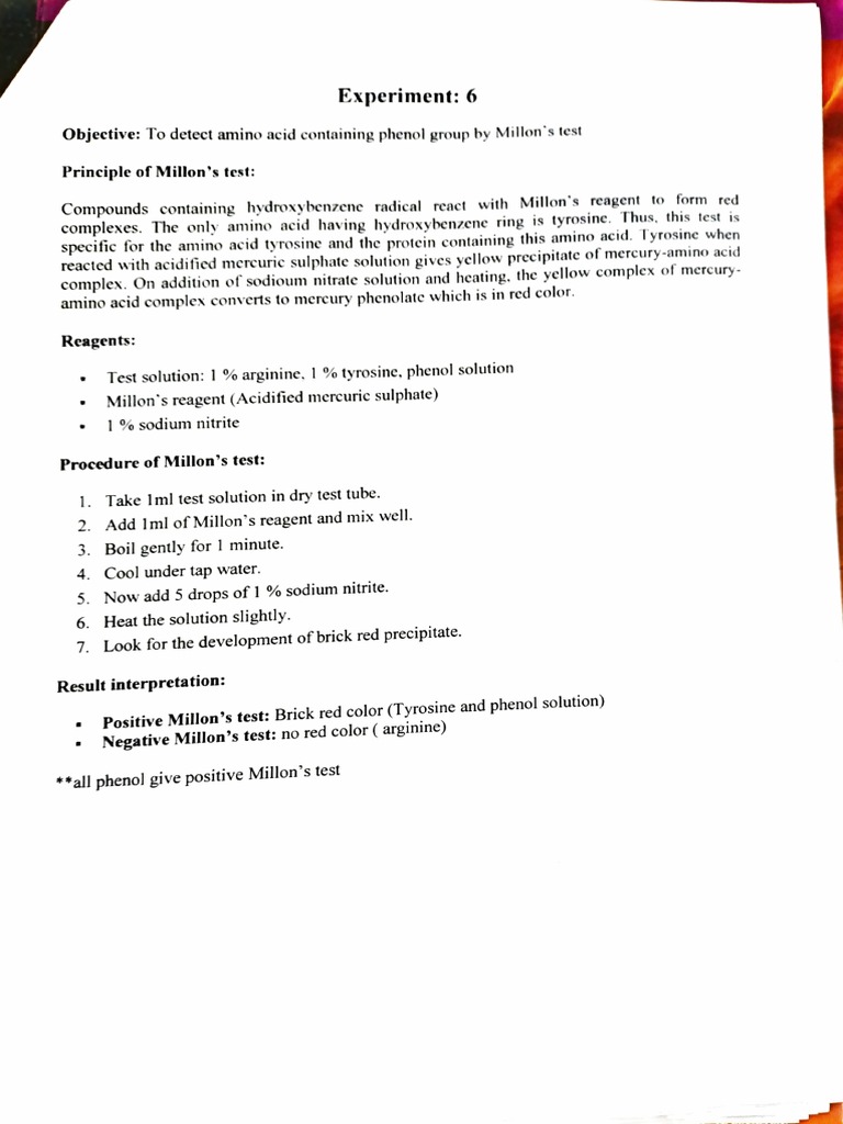 Millon's Test for Tyrosine Detection | PDF