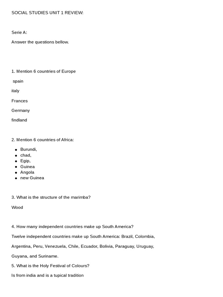 Social Studies Unit 1 Review | PDF | South America | Americas