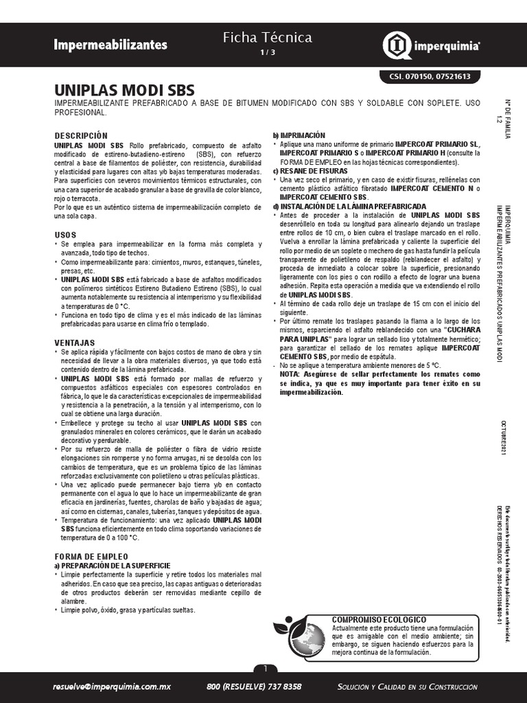 Uniplas Modi SBS 4 | PDF | Agua | Ingeniería de Edificación