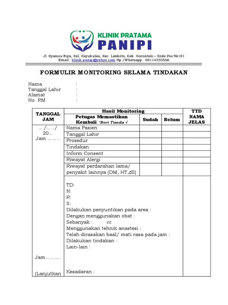 PKP 3.8. EP 6.1.1 - Formulir-Monitoring-Selama-Tindakan | PDF