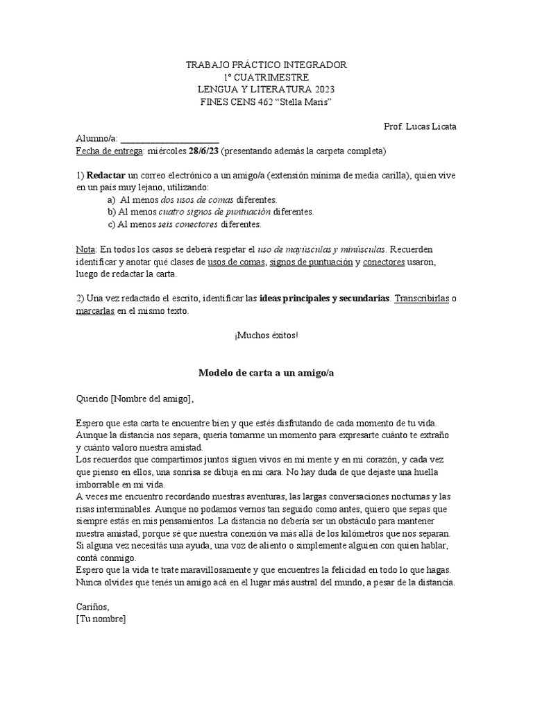 TRABAJO PRÁCTICO INTEGRADOR 2023 Lengua | PDF