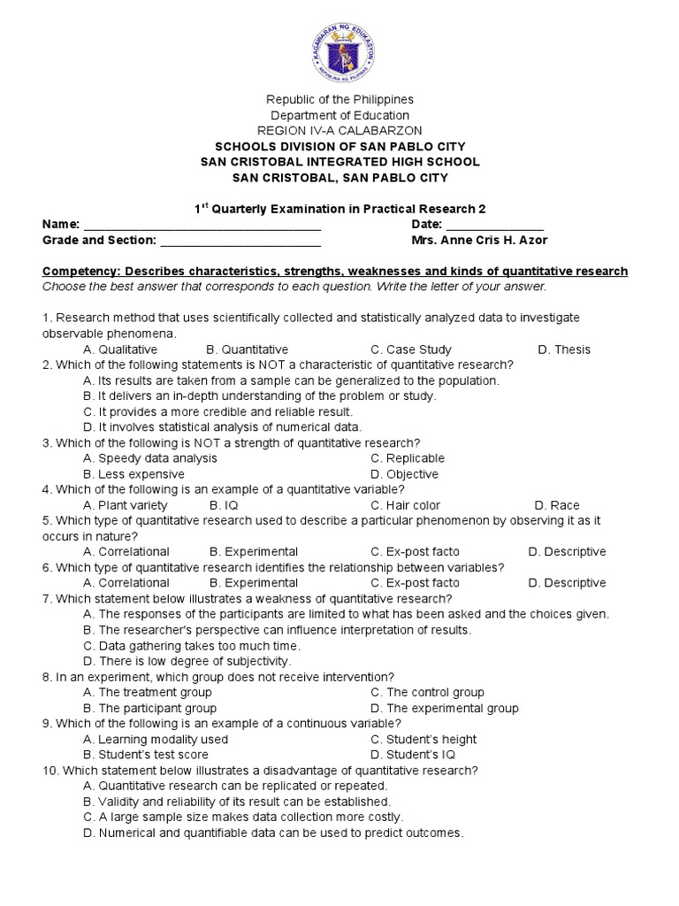 Practical Research 2 Exam Guide | PDF | Quantitative Research | Statistics
