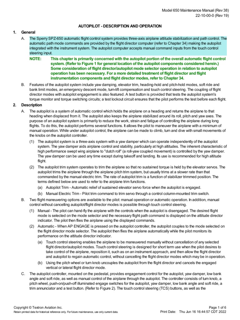 Autopilot - Description and Operation | PDF | Aircraft Flight Control ...