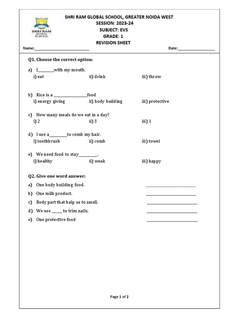 EVS Worksheet Class 1 | PDF