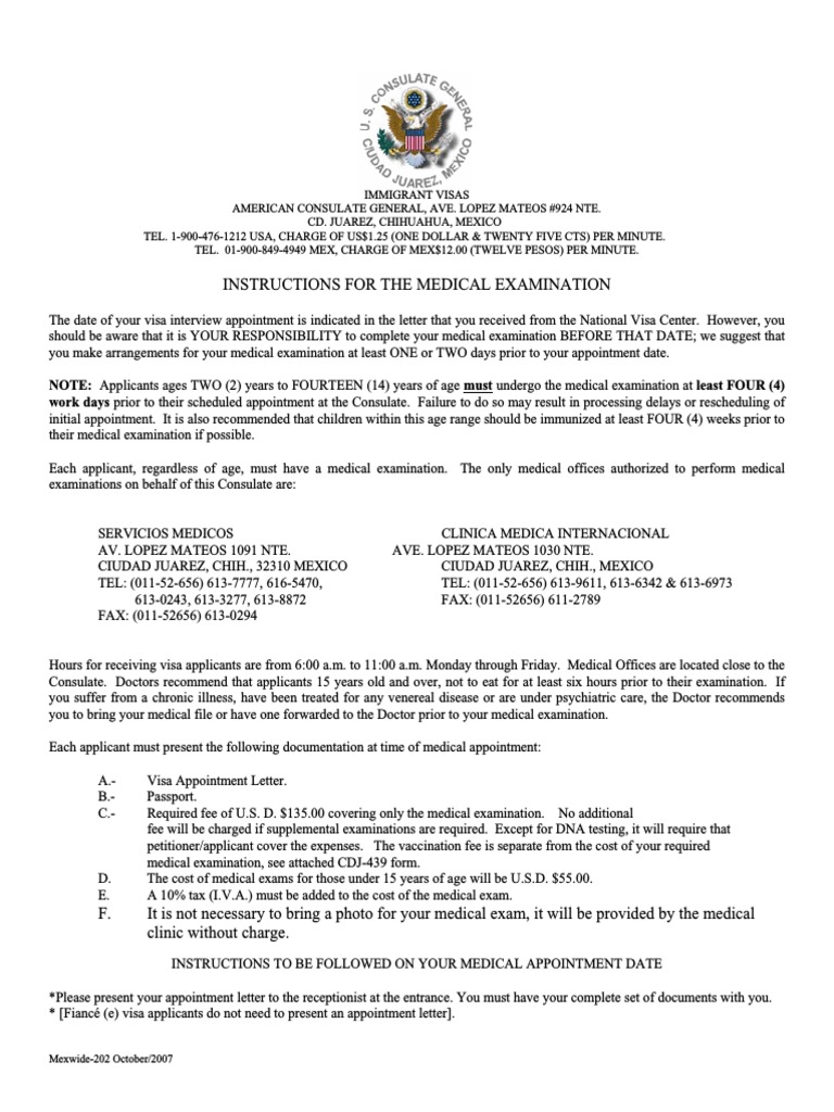 Immigrant Visa Medical Exam Instructions | PDF | Physical Examination ...