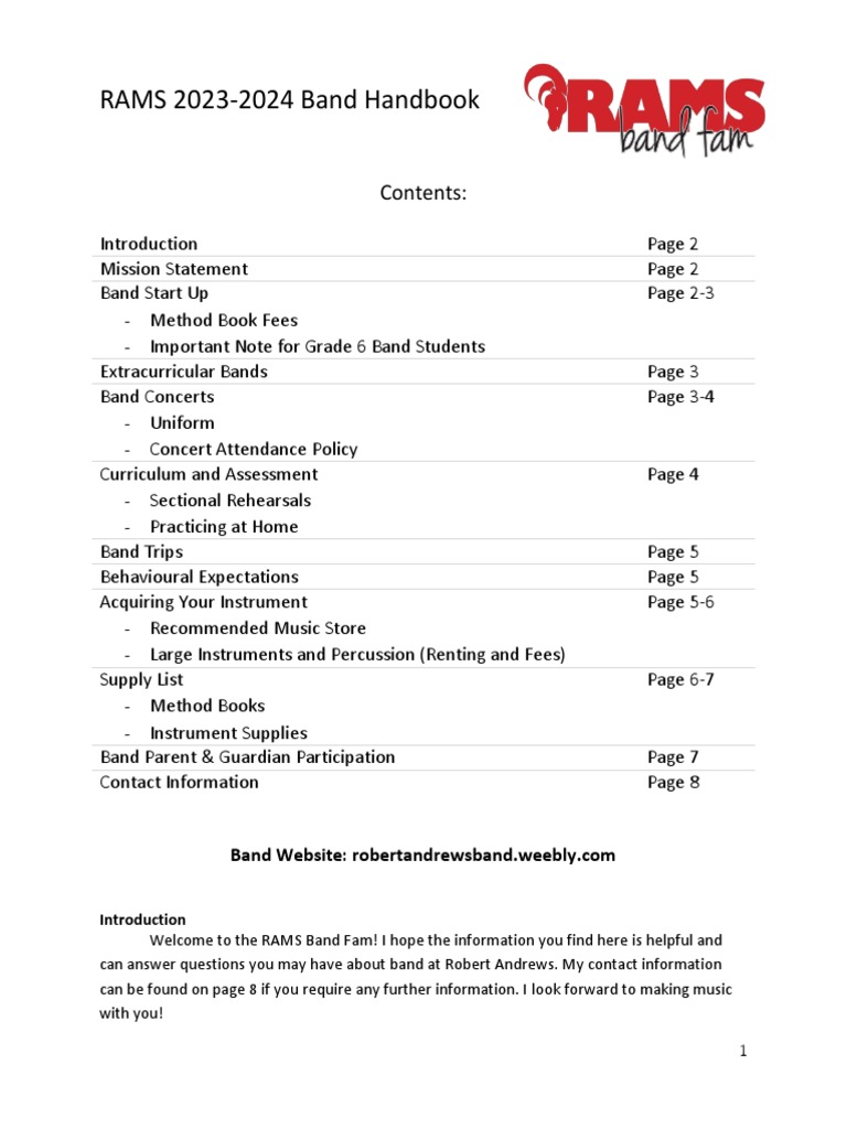 Ra Band Handbook 2023-2024 | PDF | Saxophone | Musical Instruments