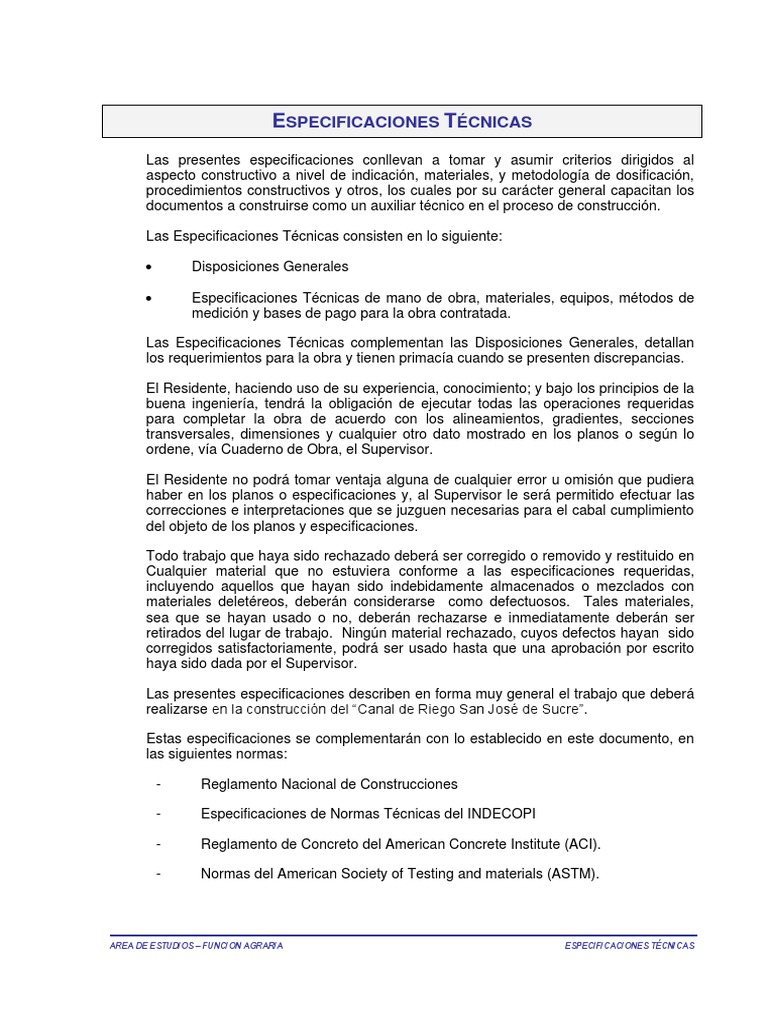 Especificaciones Técnicas Canal Riego | PDF | Hormigón | Cemento