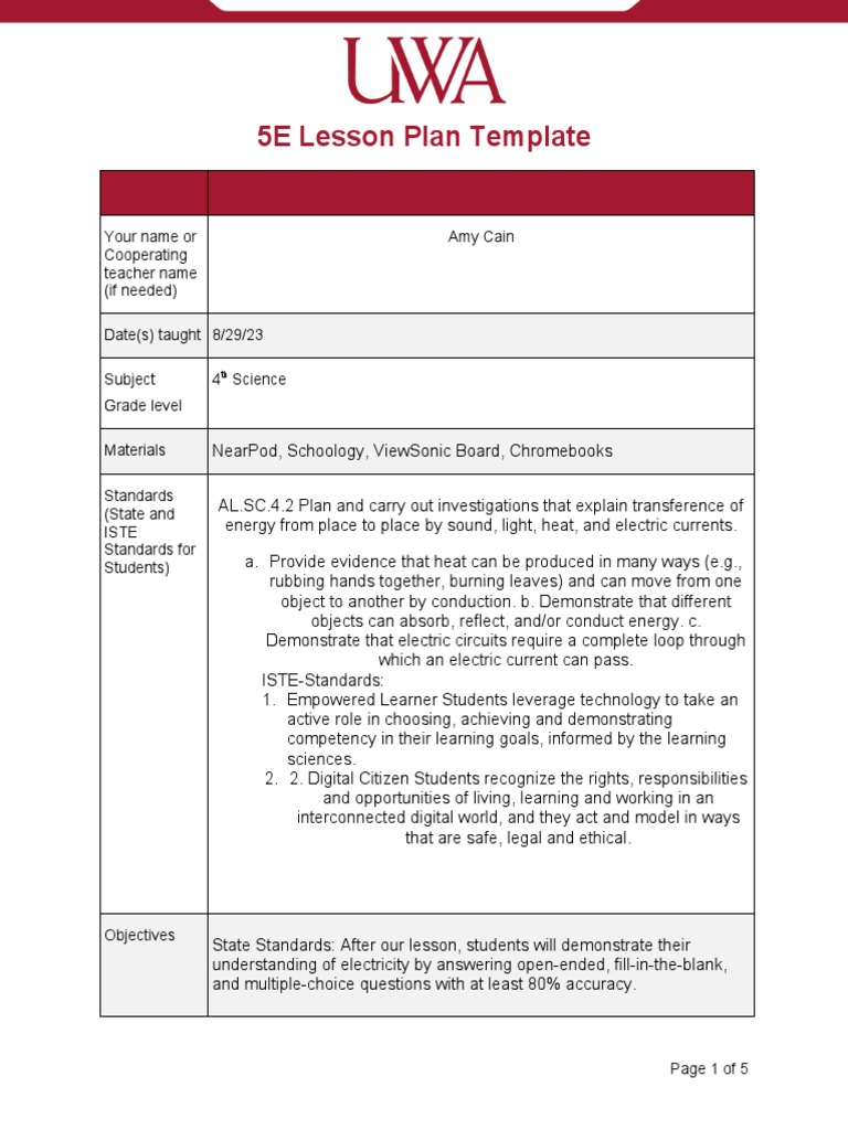 Ed508-5e-Lesson-Plan-Cain 2 | PDF | Reading Comprehension | Learning