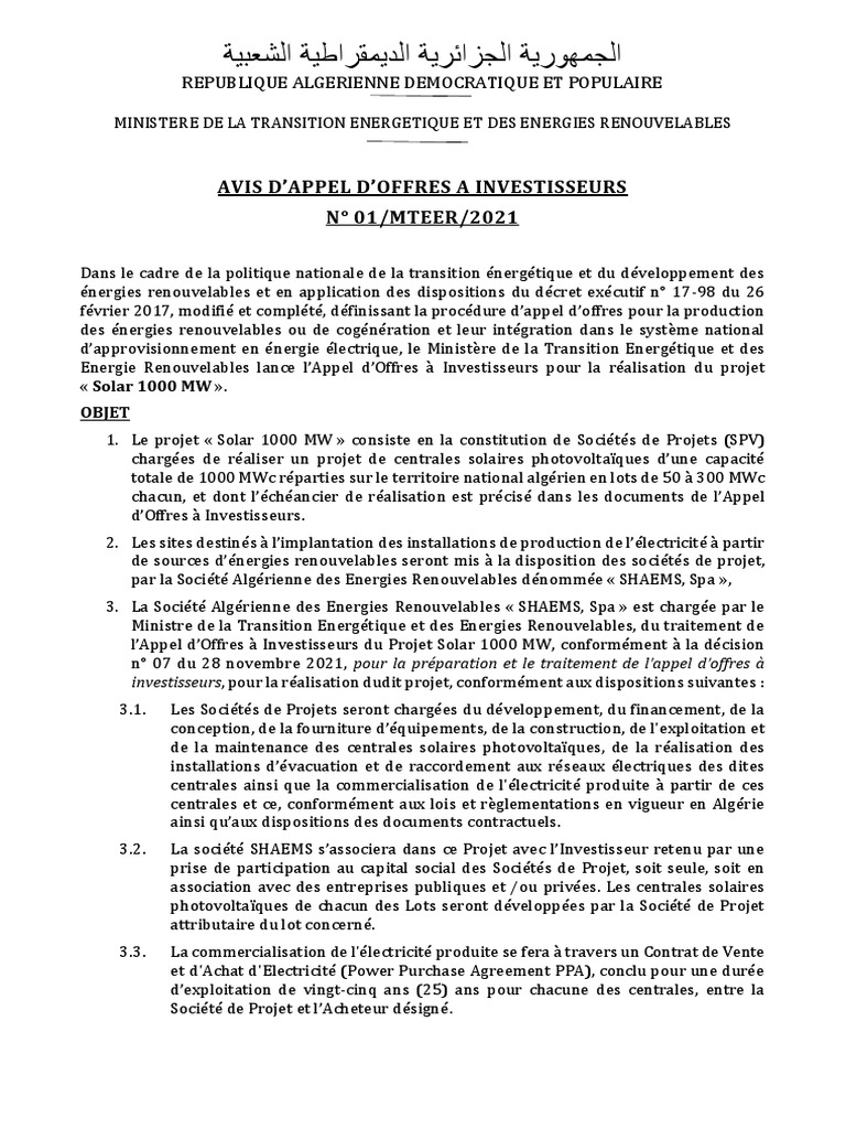 Appel d'Offres Solar 1000 MW en Algérie | PDF | Énergie renouvelable ...