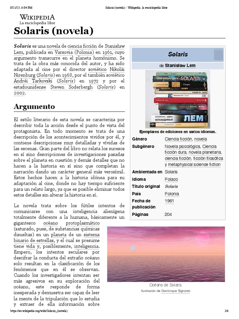 Solaris (Novela) - Wikipedia, La Enciclopedia Libre | PDF