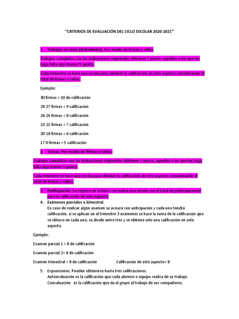 Criterios De Evaluaciã N Del Ciclo Escolar 2020 Pdf Evaluación