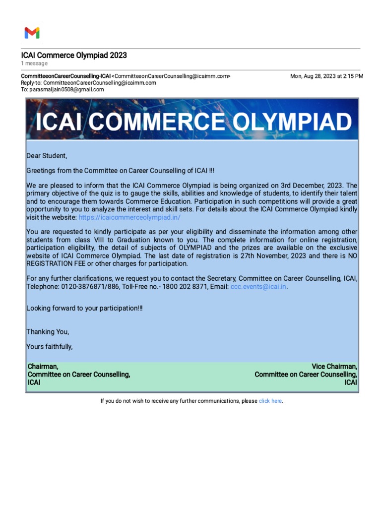 Gmail - ICAI Commerce Olympiad 2023 | PDF