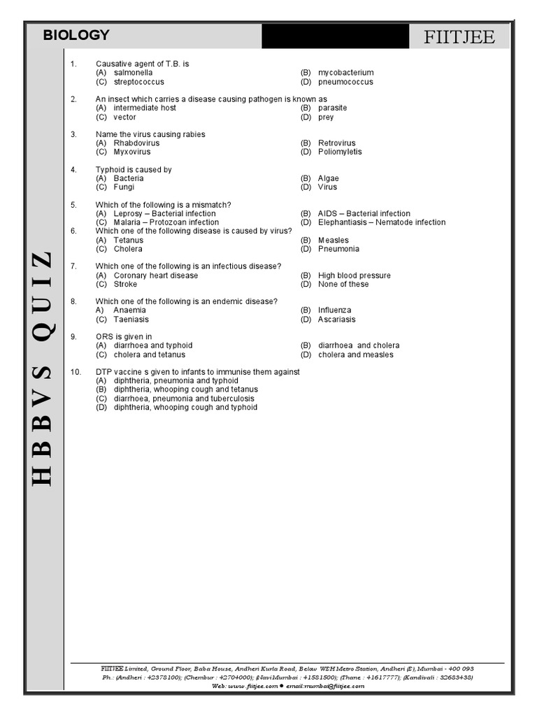 Disease Fiitjee Bio Class 9 Questions | PDF | Pathogen | Infection