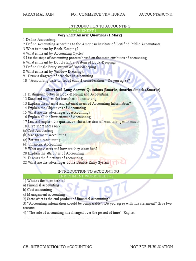 Worksheet Accts 11 Introduction To Accounting | PDF