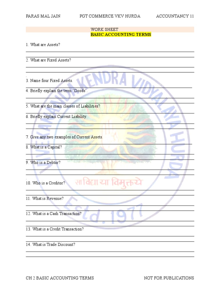 Work Sheet Accts 11 CH 2 Basic Acc Terms | PDF | Expense | Balance Sheet