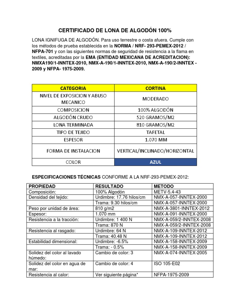 Ficha Tecnica Lona Ignifuga Certificacion | PDF