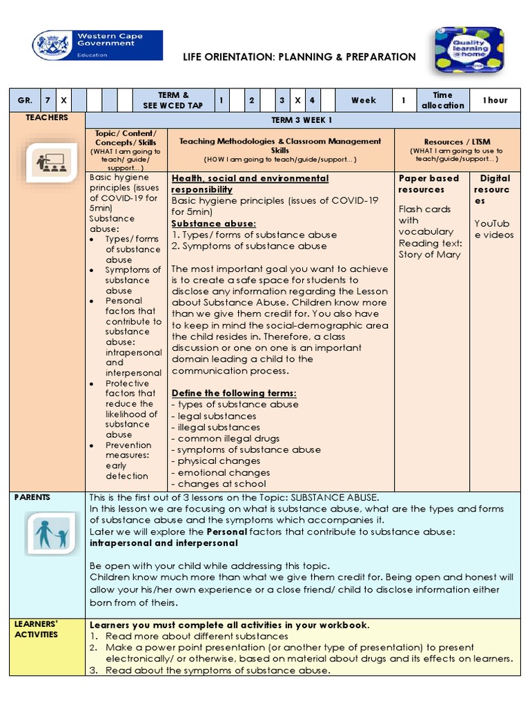 Lesson Plan Gr. 7 Life Orientation T3 W1 | PDF | Substance Abuse | Drugs