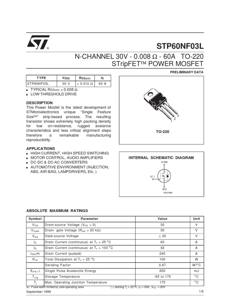 Stp60nf03l - N-Channel 30v - 0.008 Ohm - 60a To-220 Stripfet Power ...