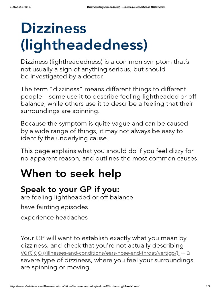 Dizziness (Lightheadedness) - Illnesses & Conditions - NHS Inform | PDF ...