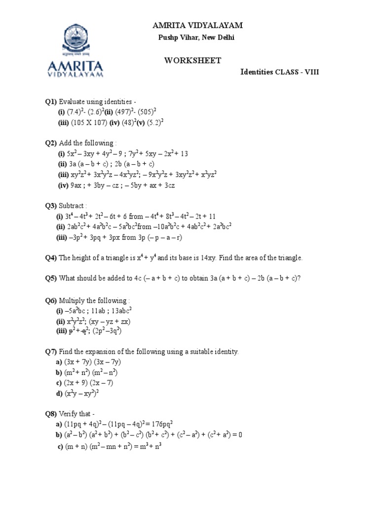 Revision Worksheet - Algebraic Expressions and Identities | PDF ...