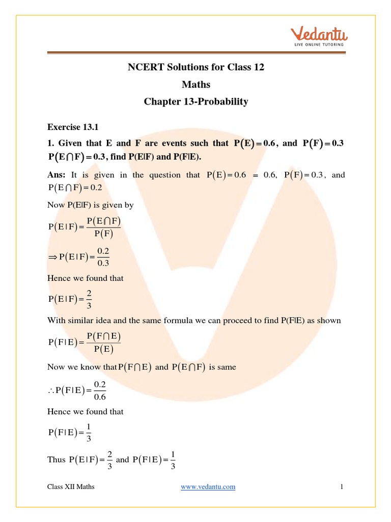 NCERT Solutions For Class 12 Maths Chapter 13 - Probability - . | PDF ...