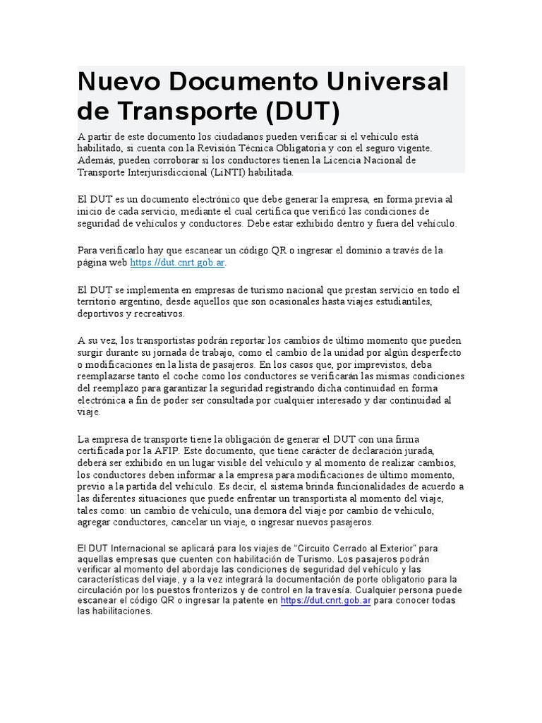 Nuevo Documento Universal de Transporte (DUT) | PDF | Transporte | Turismo