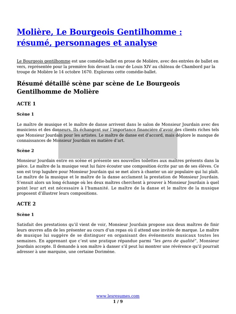 Moliere Le Bourgeois Gentilhomme Resume Personnages Et Analyse | PDF ...