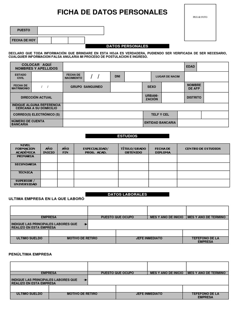 Formato Ficha de Datos Personales | PDF